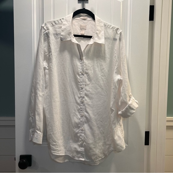 Chico's | Tops | Chicos White 0 Linen Tunic Length Button Down Shirt ...